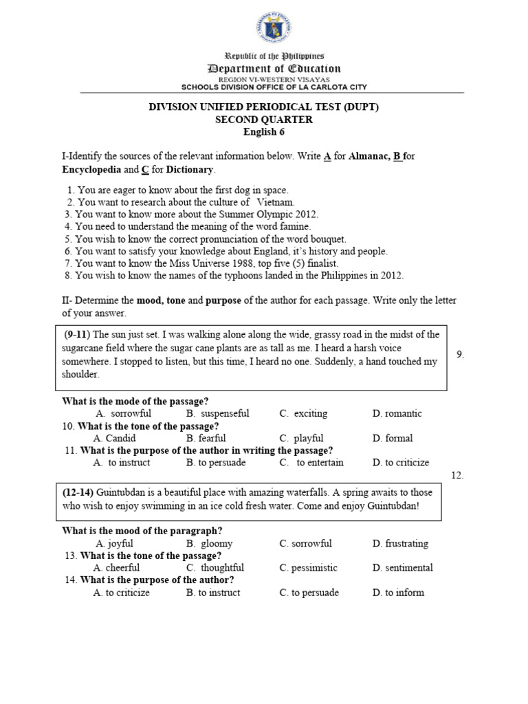 GRADE-6-Division Unified Periodical Test (Second Quarter) | PDF