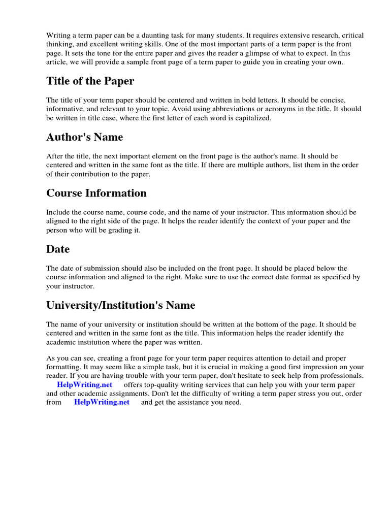 Sample Front Page of Term Paper | Download Free PDF | Thesis | Apa Style