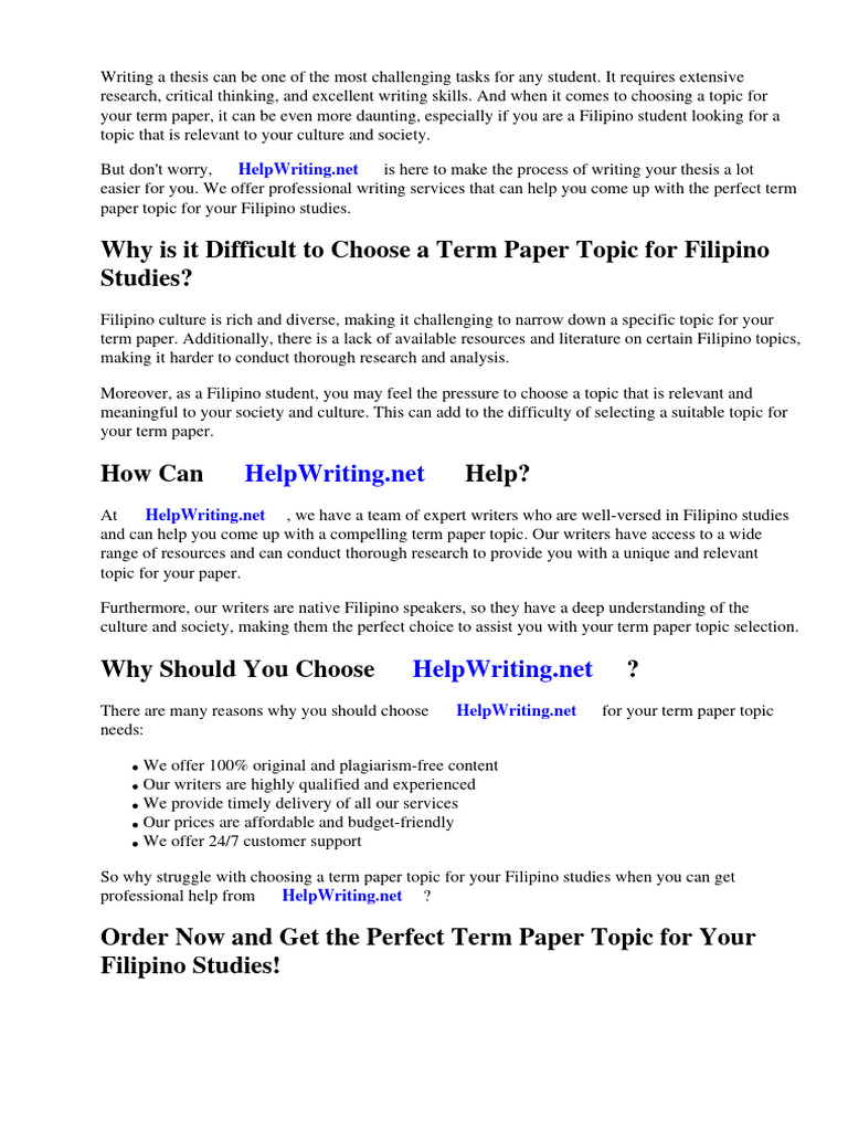 Term Paper Topics For Filipino | PDF | Tagalog Language | Essays