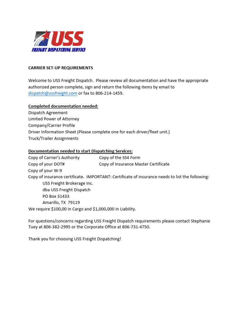 USS Freight Dispatch Carrier Setup Guide | PDF | Cargo | Factoring ...