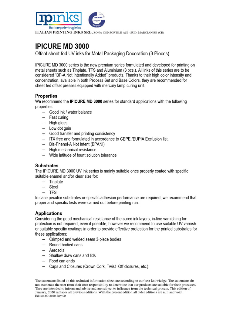 IPI UV Inks MD 3000 - Eng | PDF | Magenta | Yellow
