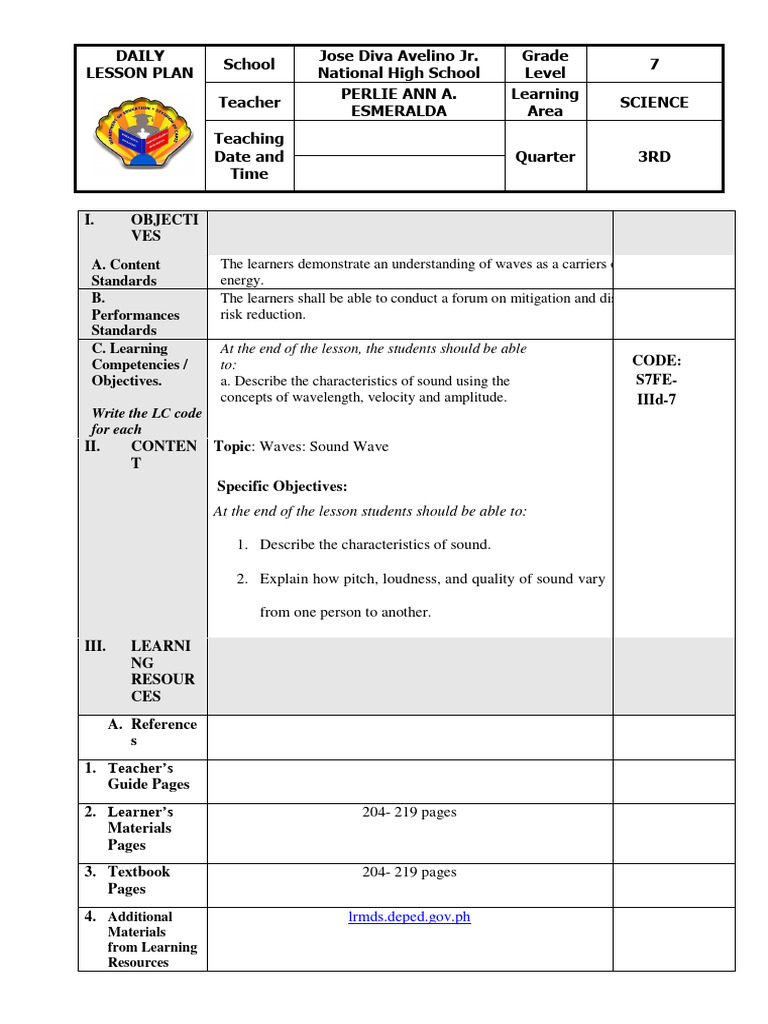 Grade 7 Science Lesson Plan on Sound Waves | PDF | Sound | Amplitude