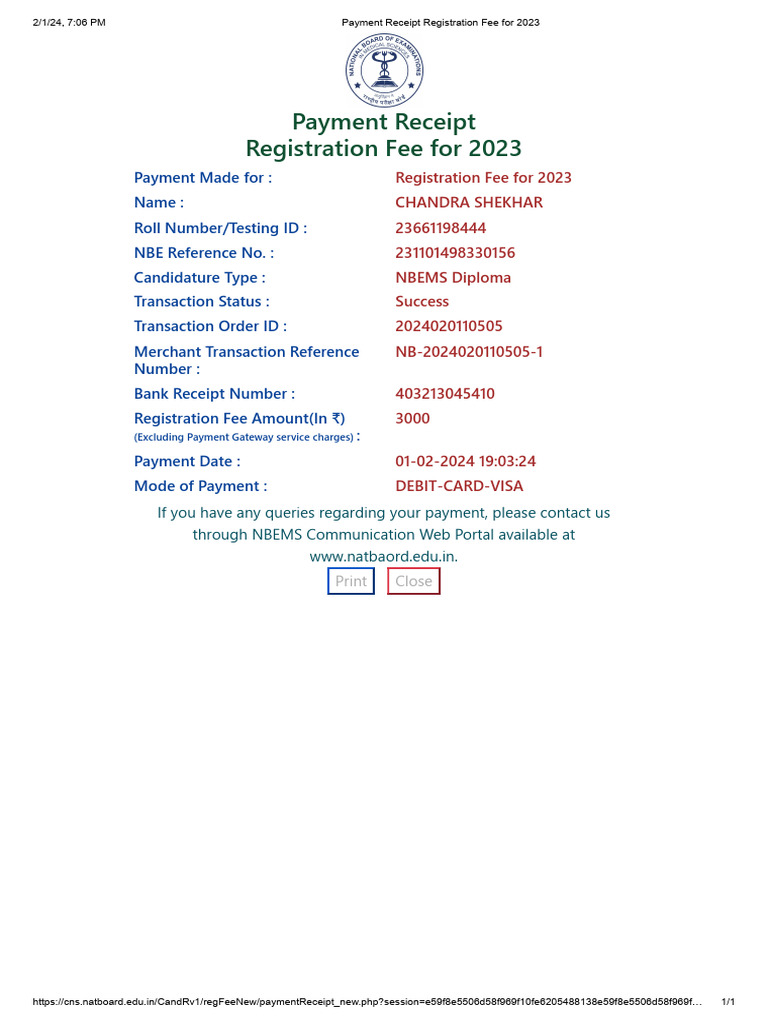 2023 Registration Fee Payment Receipt | PDF