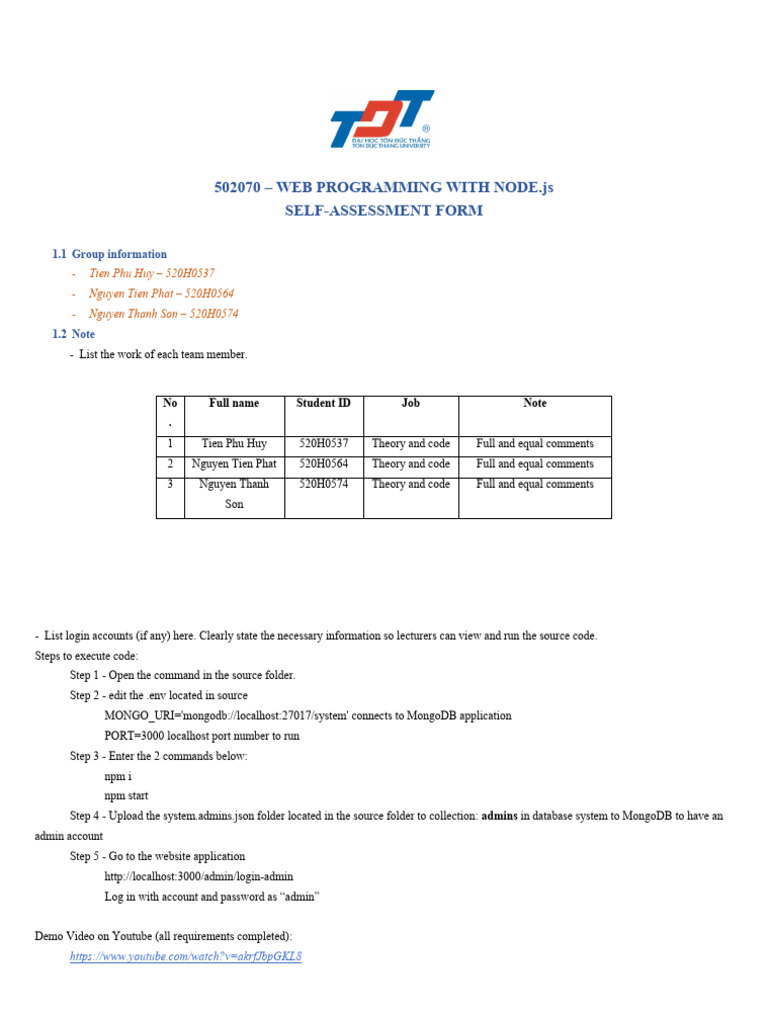 Self Assessment Form Web Programming With Nodejs 2023 2024 Pdf Login Information 