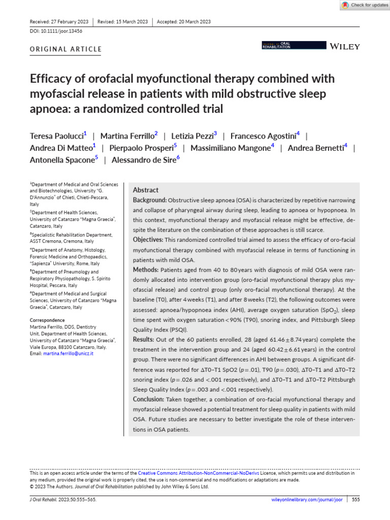 Efficacy Of Orofacial Myofunctional Therapy Combined With Myofascial