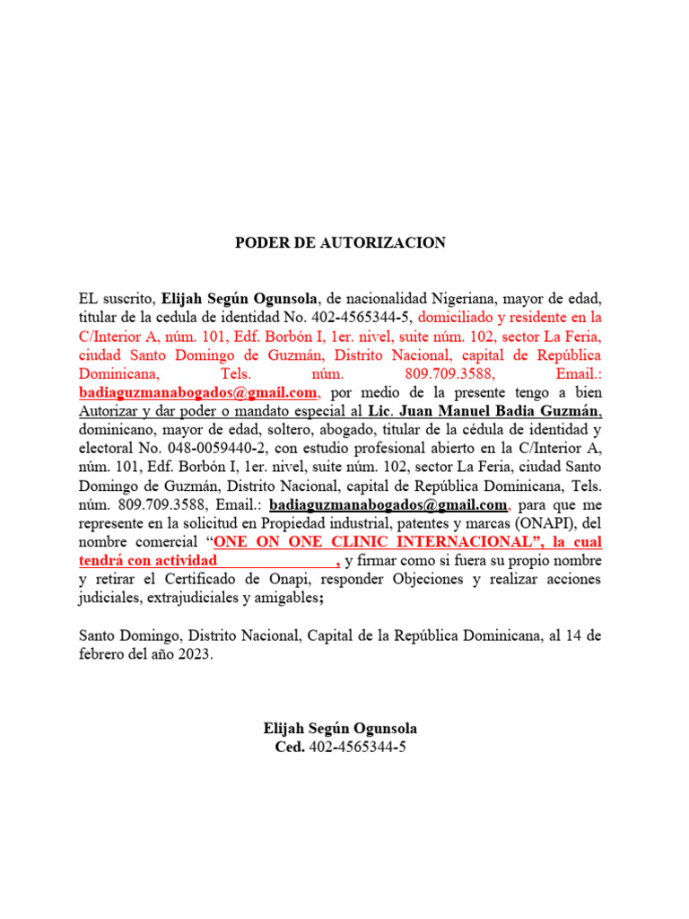 ONE ON ONE CLINIC INTERNACIONAL-porder Autotizacion de Solicitud de ...