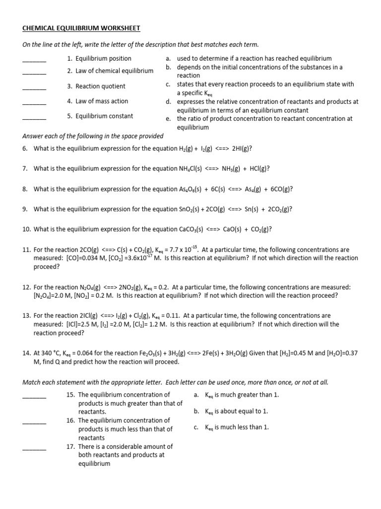 Chemical Equilibrium Worksheet Guide | PDF | Chemical Equilibrium | Branches Of Thermodynamics