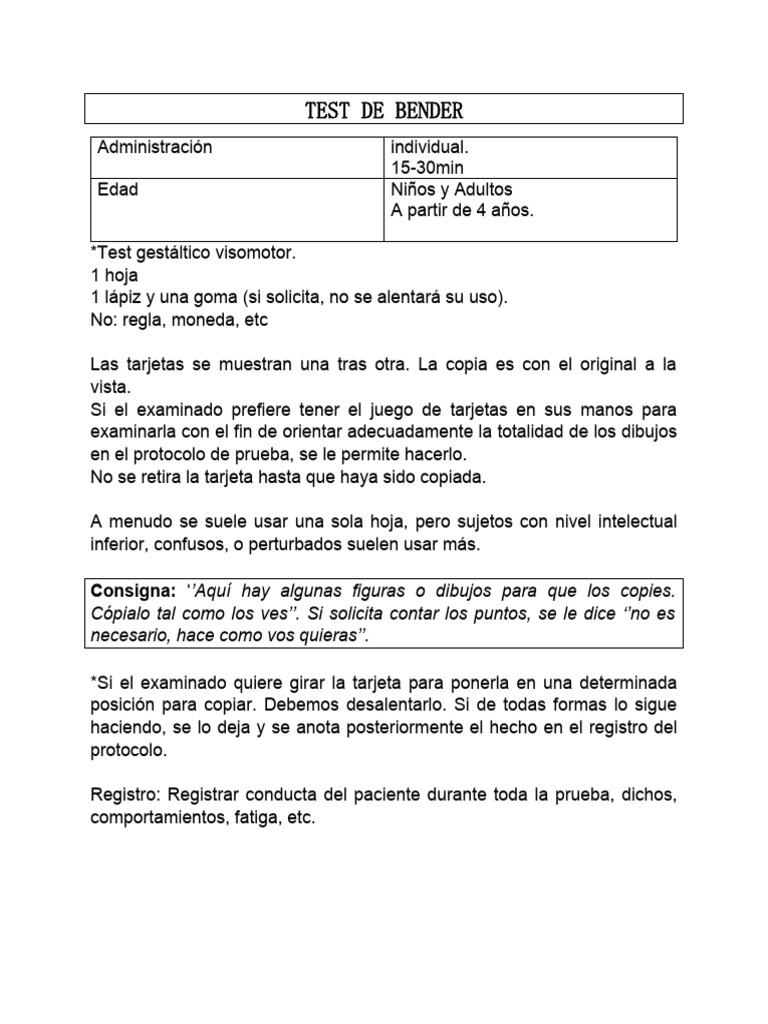 Test de Bender: Guía de Aplicación y Registro | PDF