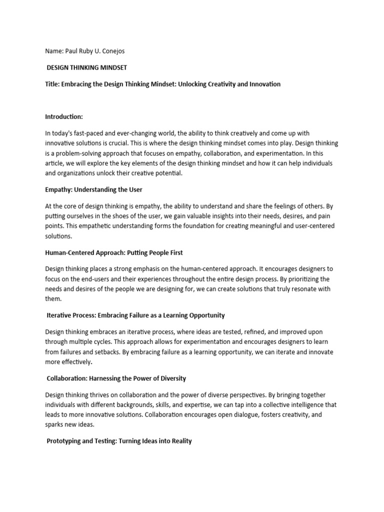 PAUL RUBY U. CONEJOS (Article About Design Thinking Mindset) | PDF | Design Thinking | Thought