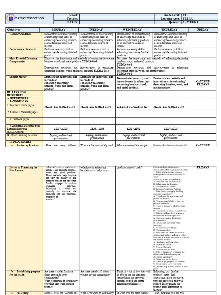 Week 1 DLL Epp Ia | PDF | Wood Carving | Wood