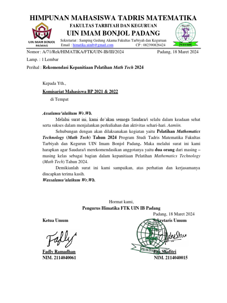 Surat Rek Panitia Pelatihan Math Tech 2024 | PDF