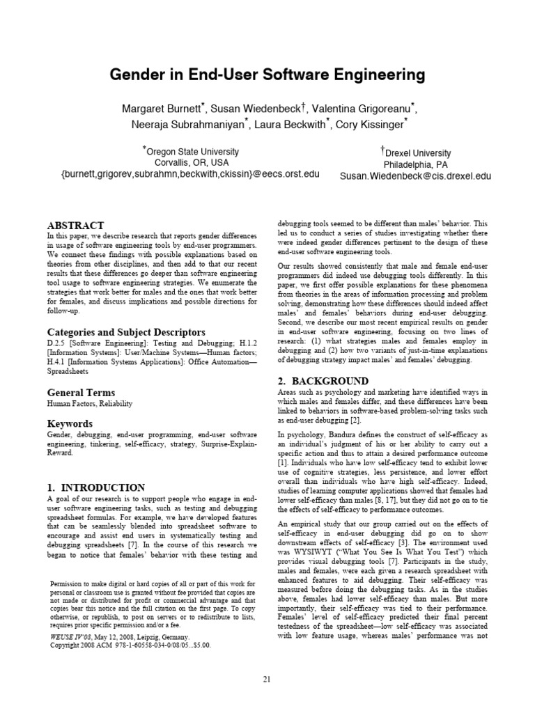 Gender in End-User Software Engineering | PDF | Self Efficacy | Debugging