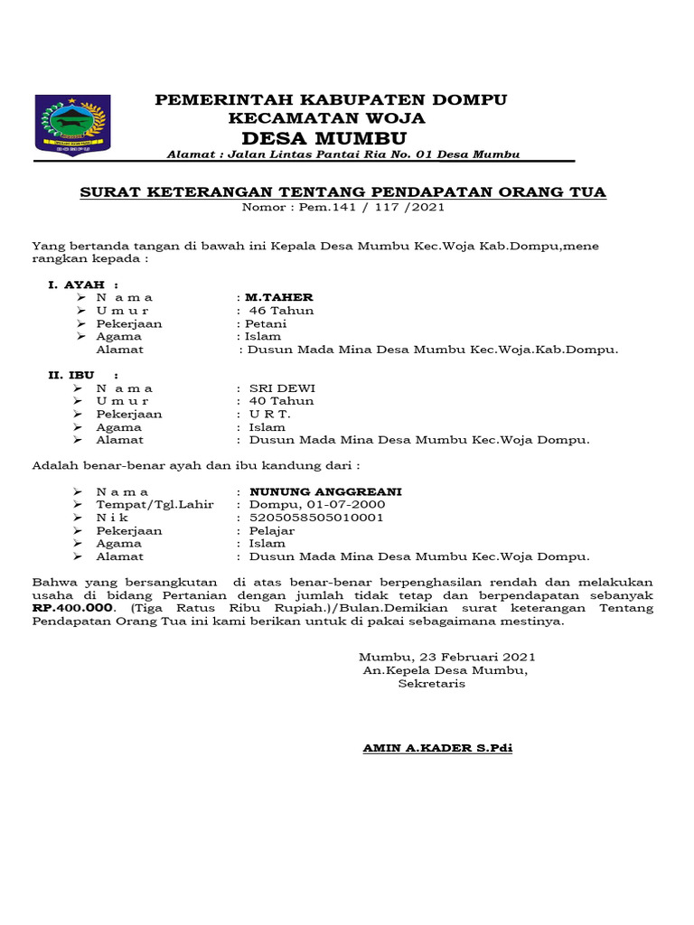 Surat Tidak Mamapu Dan Pendapatan | PDF