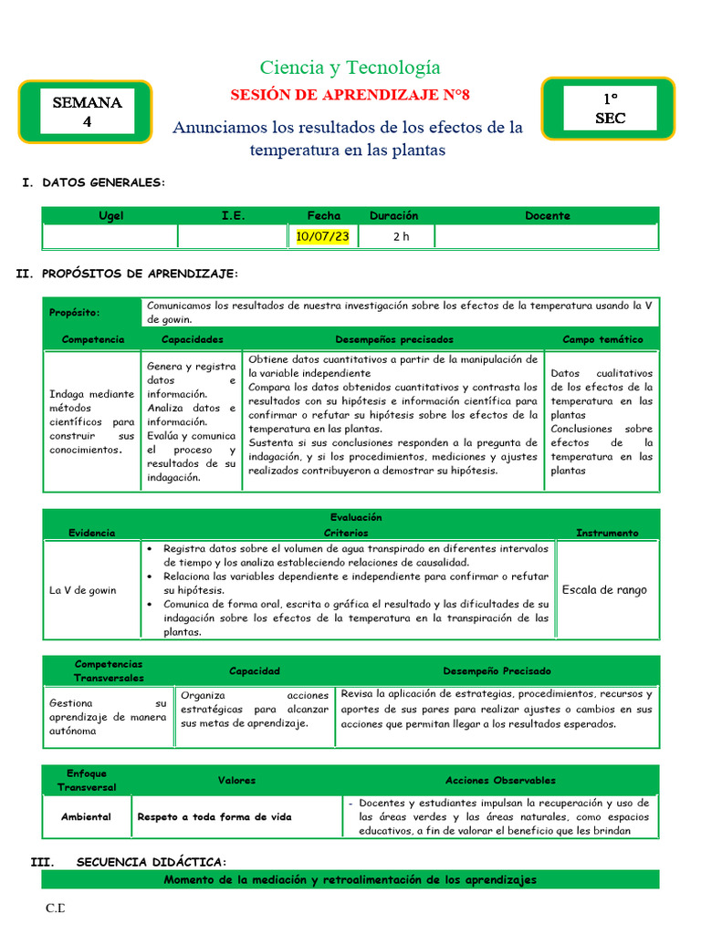 1° Sesión de Aprendizaje Sesión 8-Sem.4-Exp.4-Cyt | Descargar gratis PDF | Investigación ...