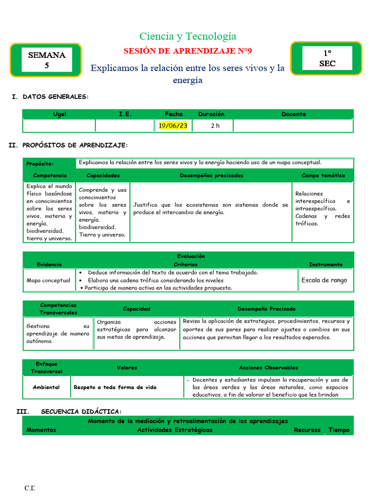 1° Sesión de Aprendizaje Sesión 9-Sem.5-Exp.4-Cyt | PDF | Aprendizaje | Evaluación