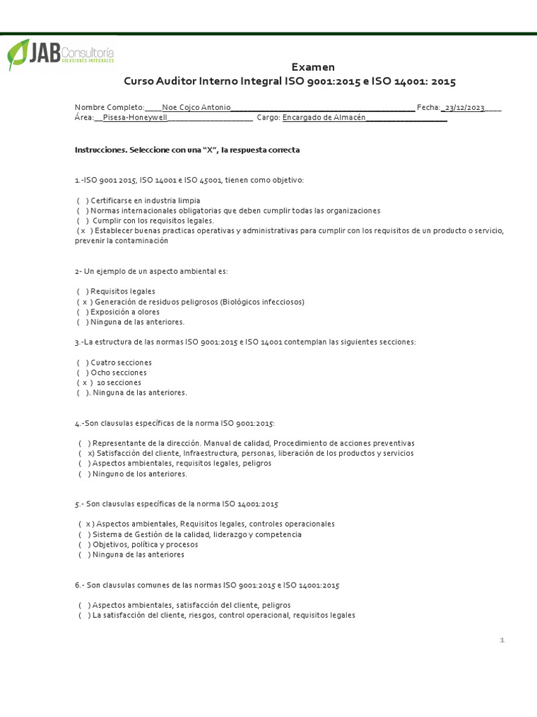 Examen AUDITOR INTERNO INTEGRAL Dic 23 | PDF | Calidad (comercial) | Auditoría