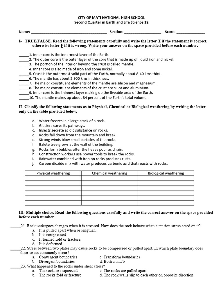 Earth and Life Science Quiz: 2nd Quarter | PDF | Rock (Geology) | Earth