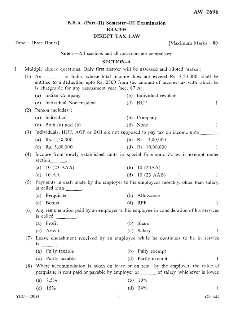 BBA Direct Tax Law Exam | PDF