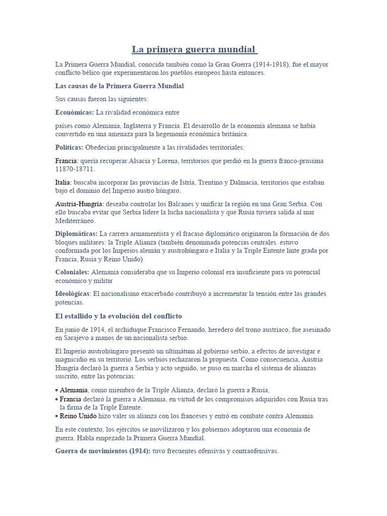 Causas y Consecuencias de la 1ª Guerra Mundial | PDF | Primera Guerra ...