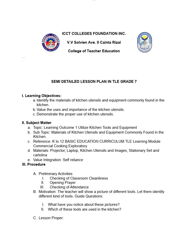 Semi Detailed-4a-S Lesson Plan TLE Cookery | PDF | Kitchen Utensil ...