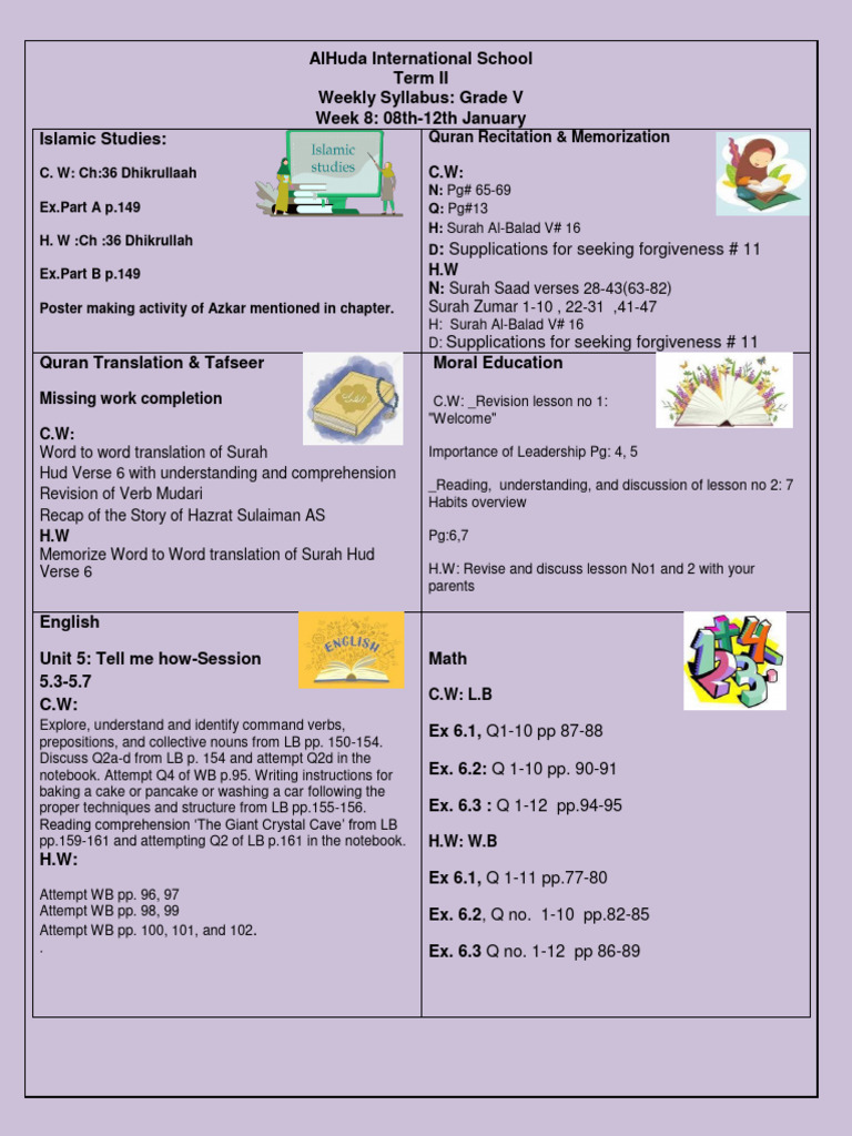 Weekly Syllabus Grade V-Term II - Week 8 | PDF | Surah | Linguistics