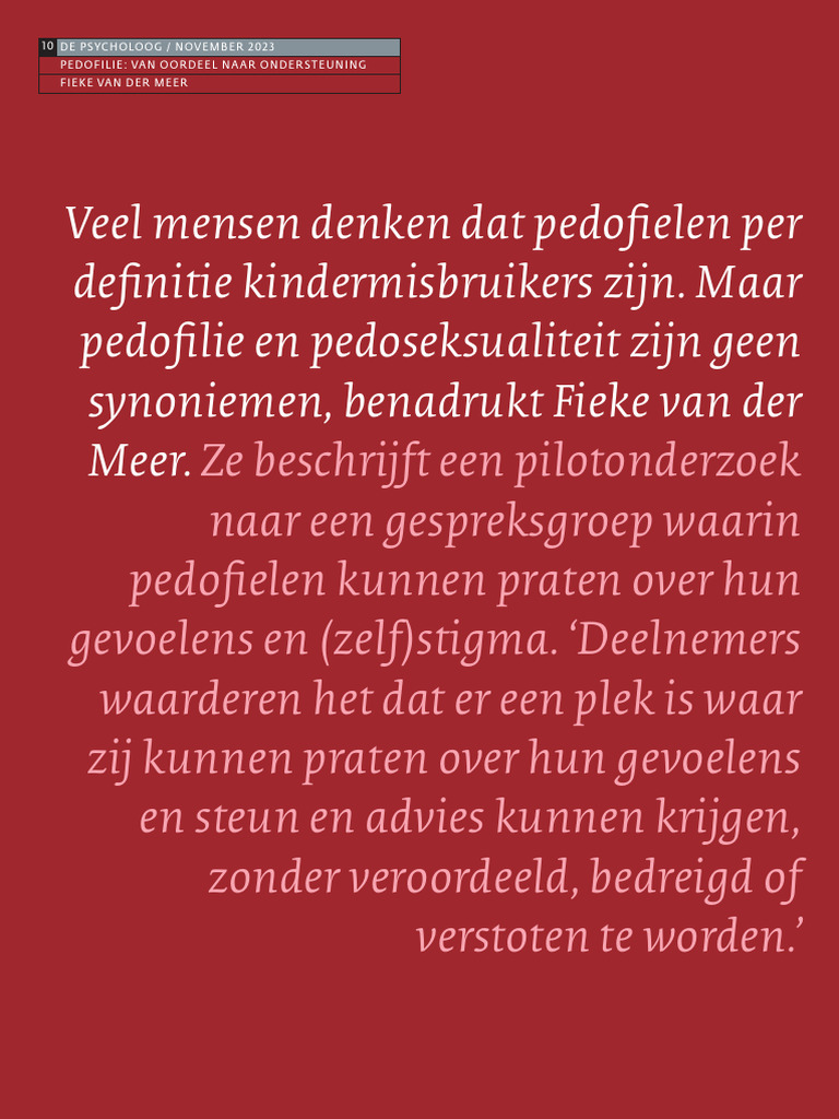 Meer F. 2023 Pedofilie Van Oordeel Naar Ondersteuning. de Psycholoog 11 10 18 | PDF