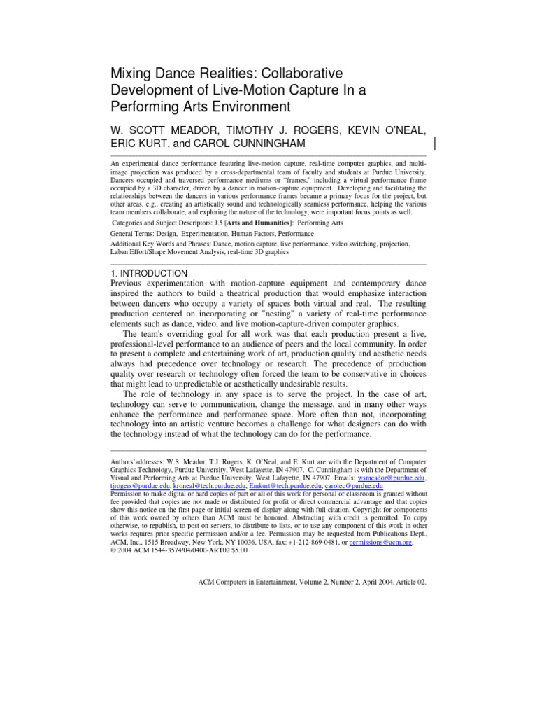 Mixing Dance Realities Collaborative Development of Live-Motion Capture In a Performing Arts ...