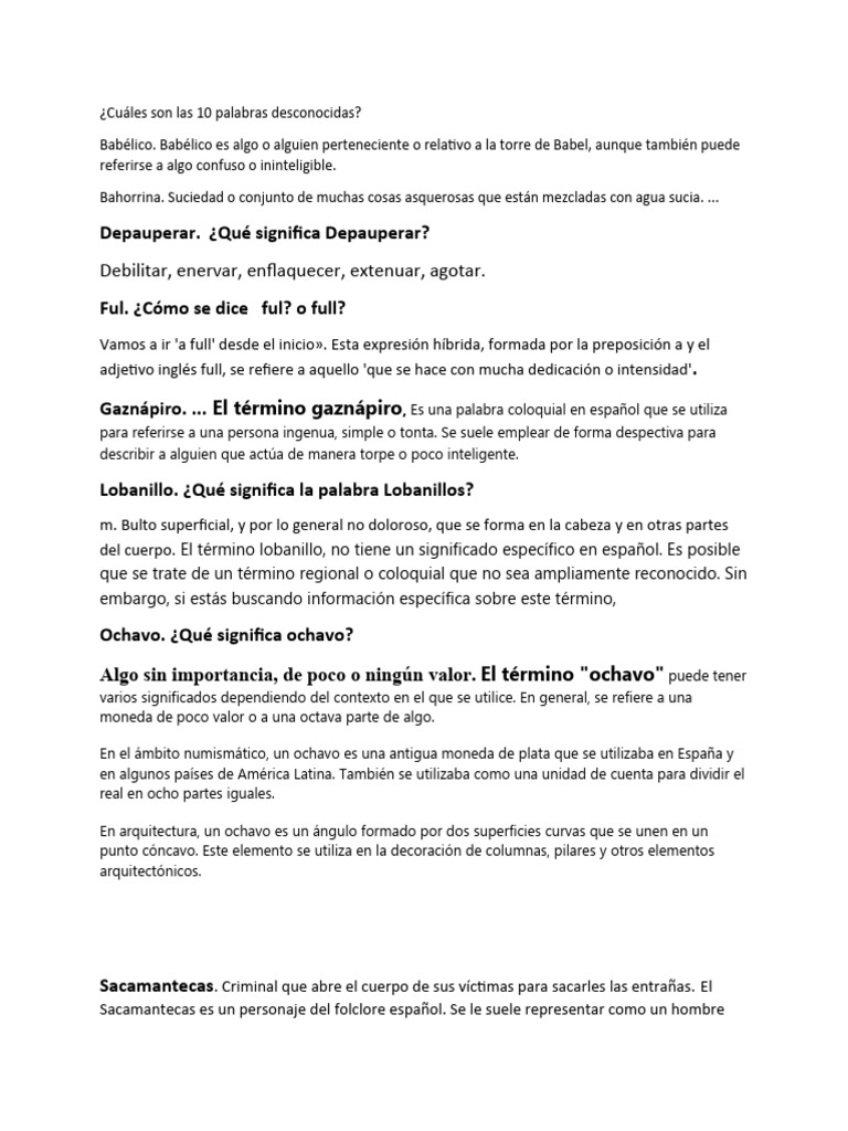 Cuáles Son Las 10 Palabras Desconocidas | PDF | Artes del Lenguaje y ...