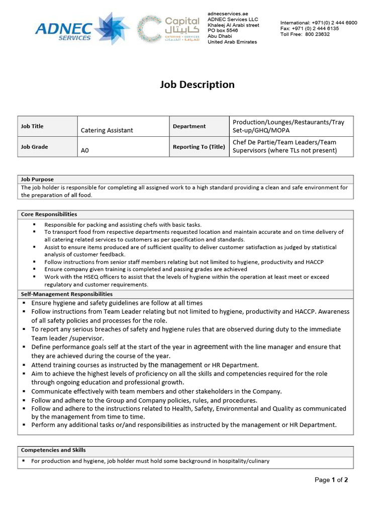 Catering Assistant Job Description | PDF | Business