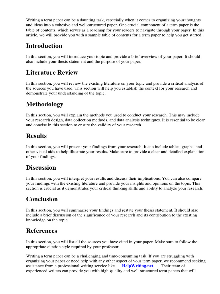 Table of Contents Sample For Term Paper | PDF | Apa Style | Thesis