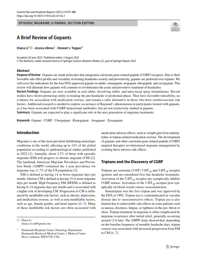 A Brief Review of Gepants | PDF | Migraine | Clinical Medicine