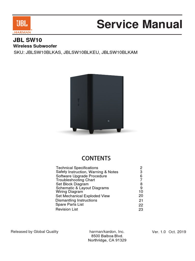 JBL SW10 Subwoofer Service Manual | PDF | Rechargeable Battery ...