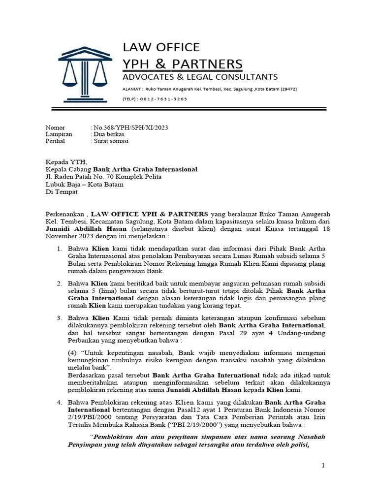 Surat Somasi BANK ARTHA GRAHA | PDF