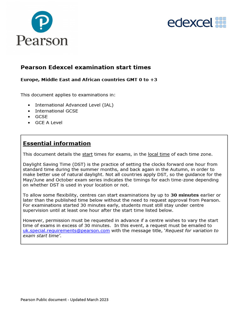 Edexcel Exam Start Times 2023 | PDF | Daylight Saving Time | Schools
