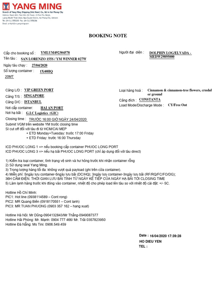 Booking 0204 Yang Ming | PDF