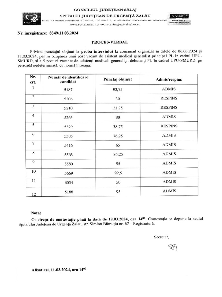 Proces Verbal Rezultate Interviu Concurs Asistenti Medicali UPU SMURD 11.03.2024 | PDF