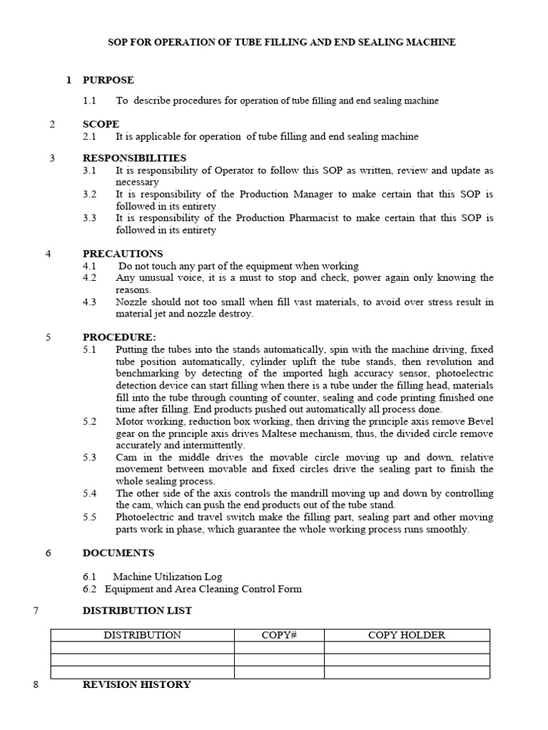 SOP For Operation of Filling and End Sealing Machine | PDF | Machines ...