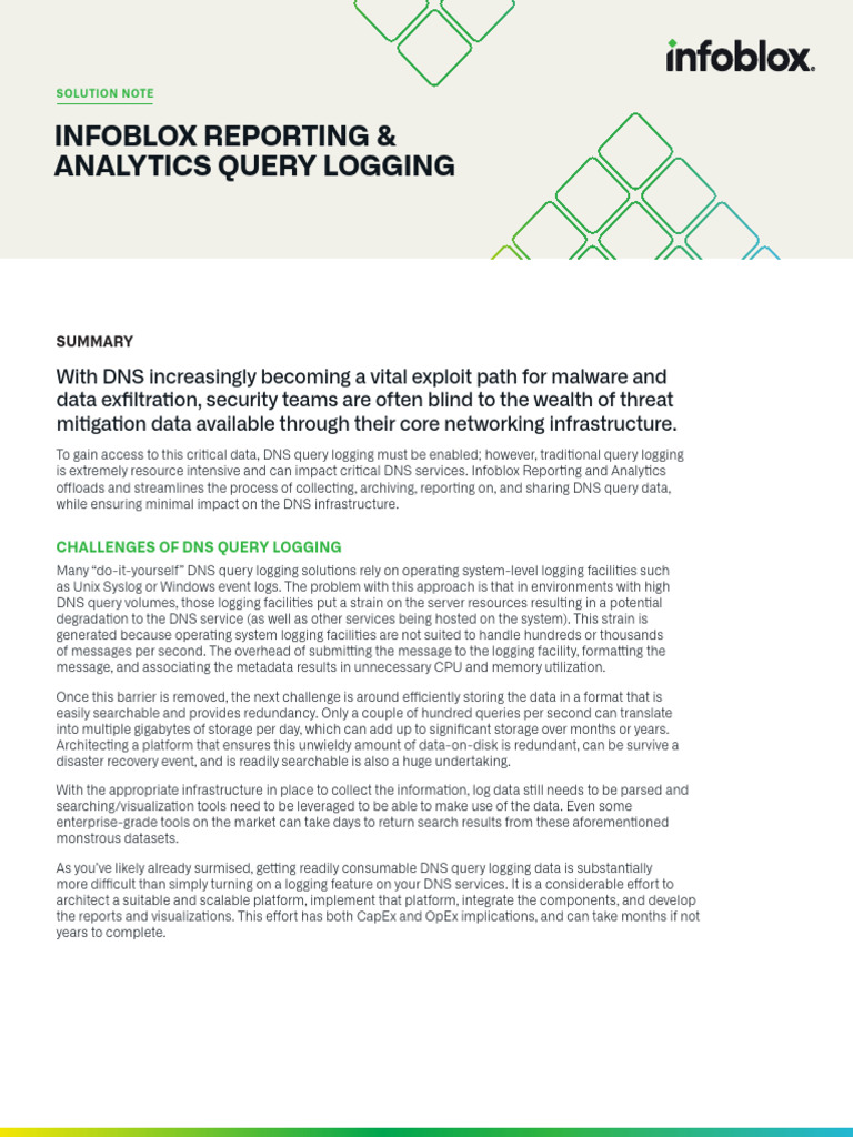 Infoblox Solution Note Infoblox Reporting Analytics Query Logging | PDF | Domain Name System ...