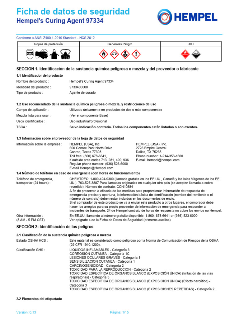 Ficha de Seguridad: Agente de Curado Hempel | PDF | Toxicidad | Toxicología