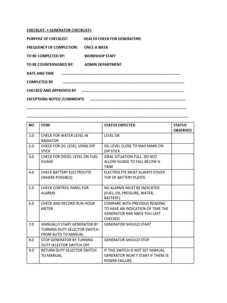 GENERATOR CHECKLIST | PDF