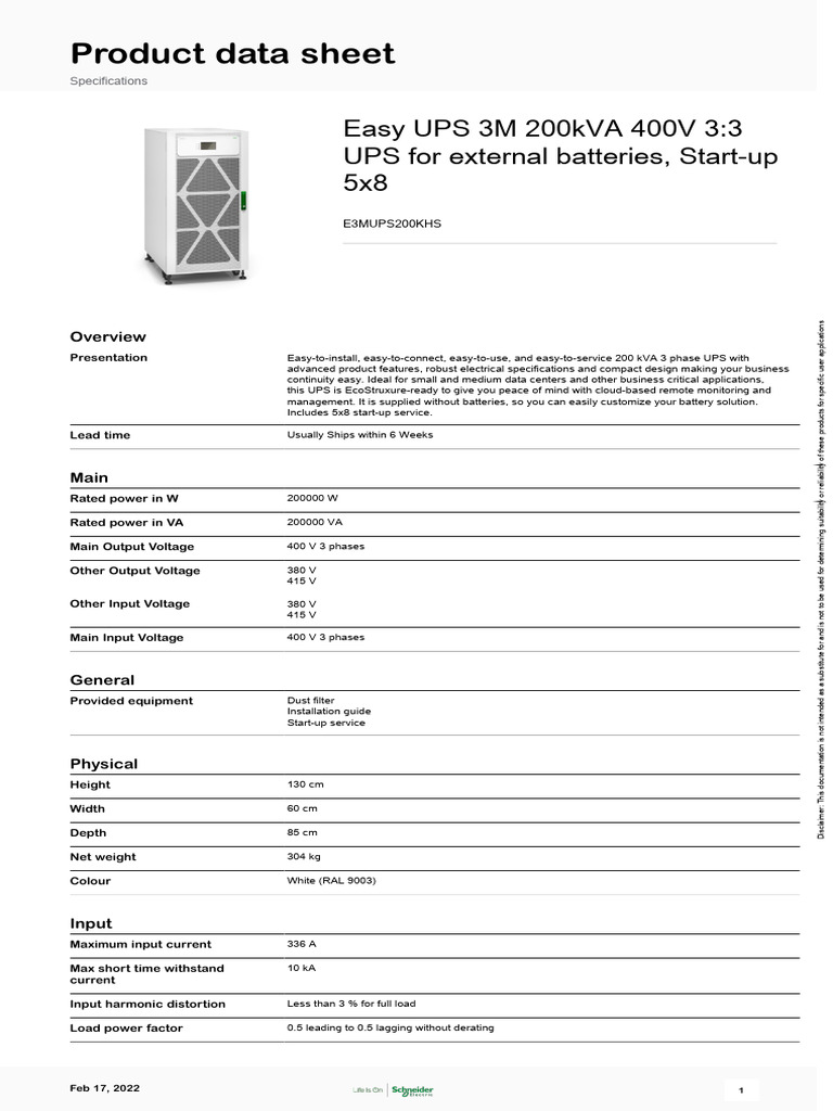 200 kVA 3-Phase UPS Data Sheet | PDF | Mains Electricity | Power (Physics)