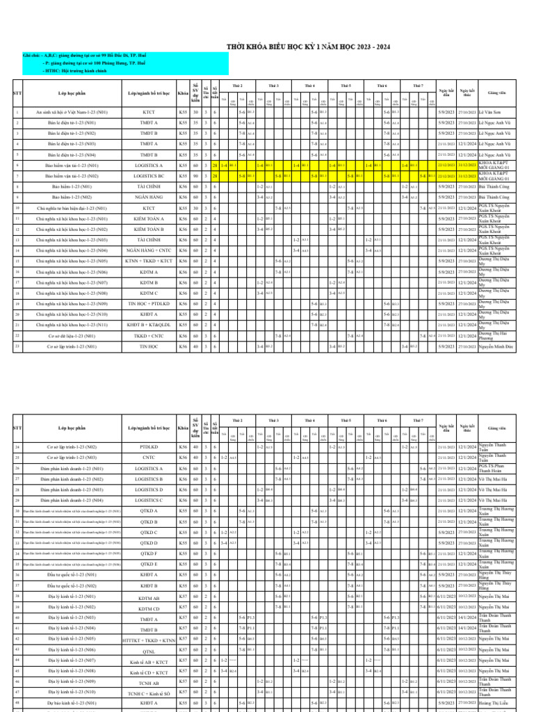 TKB HK1 - NAM HOC 2023-2024 (SV.) | PDF