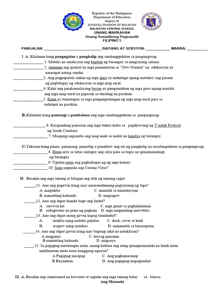1ST Summative Test Filipino Q1 2023 | PDF