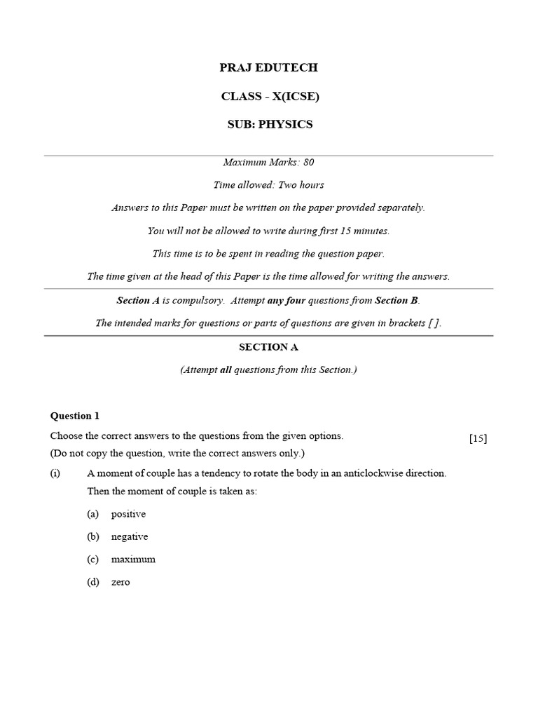 PRAJ EDUTECH PHYSICS PAPER 1 CLASS 10th ICSE | PDF | Light | Latent Heat
