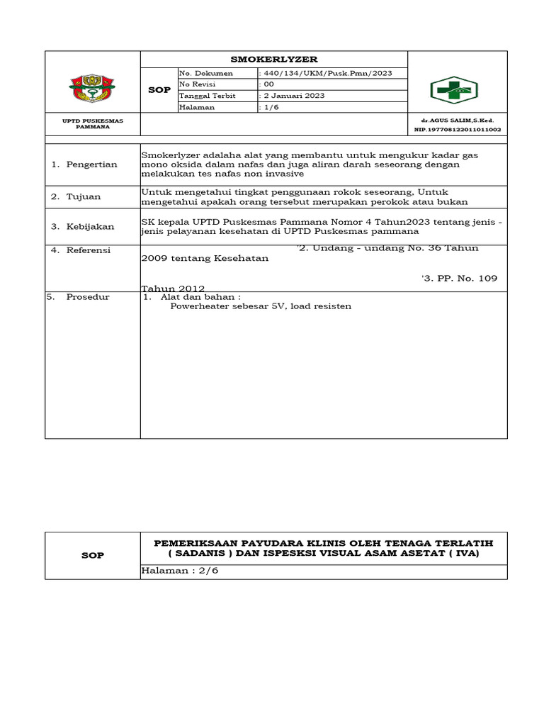 SOP Penggunaan Smokerlyzer dan Pemeriksaan IVA | PDF