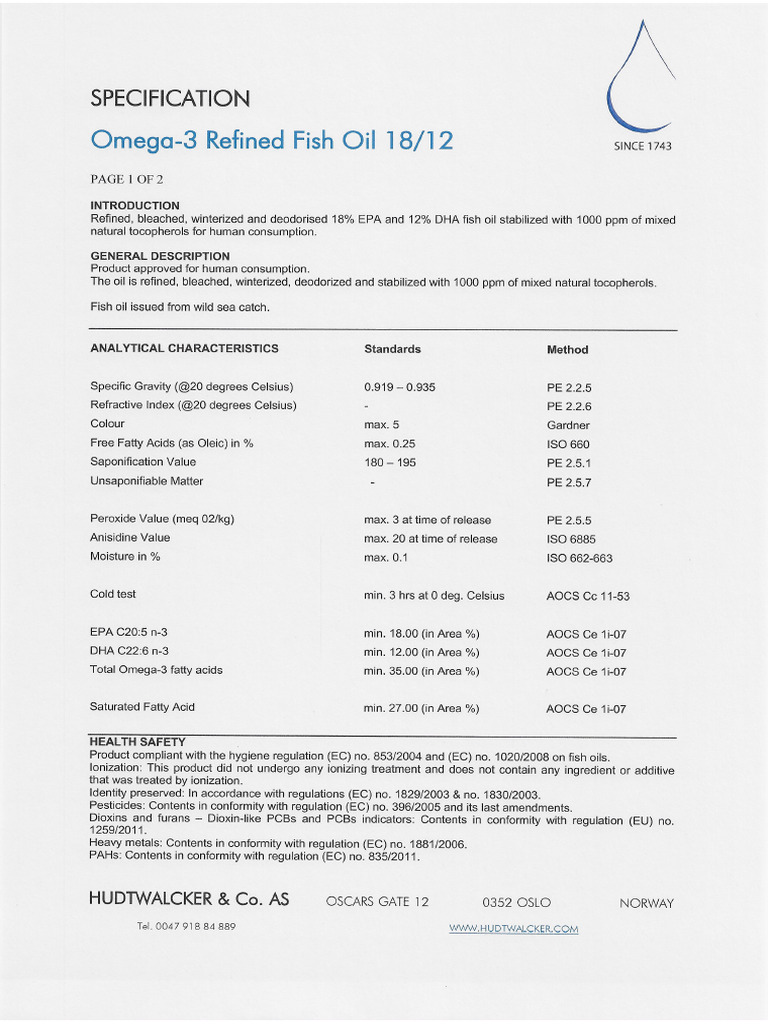 Omega 3 Refined Fish Oil 18 12 Specification | PDF