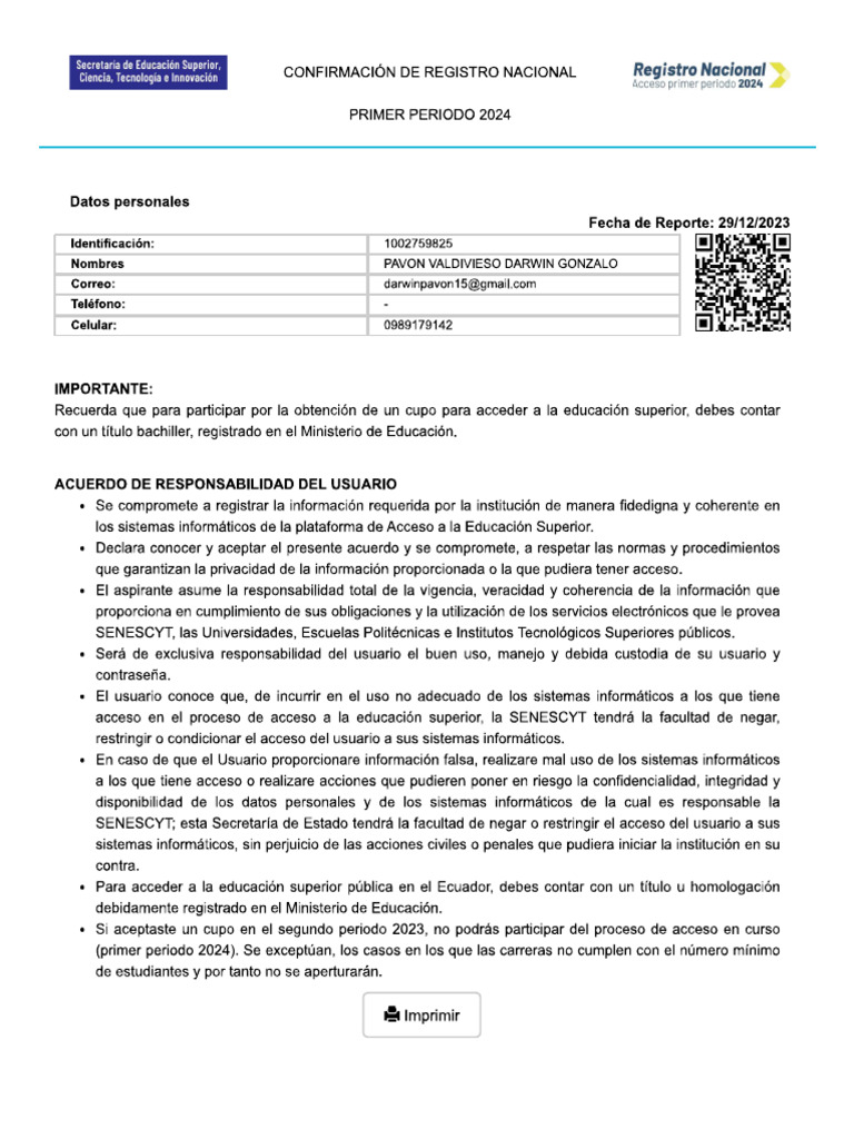 Registro Nacional Senescyt Pavon | PDF