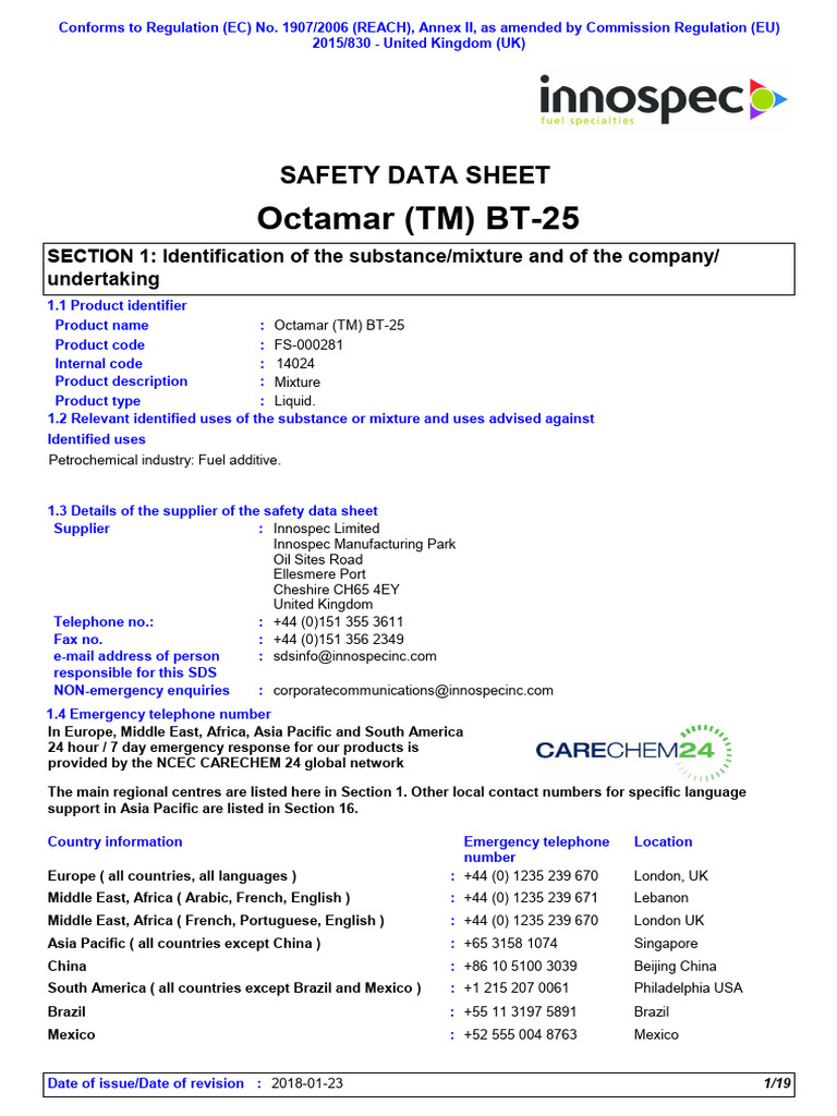 BT 25 MSDS 2018 | PDF | Firefighter