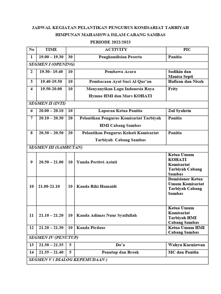 Jadwal Pelantikan HMI Cabang Sambas | PDF