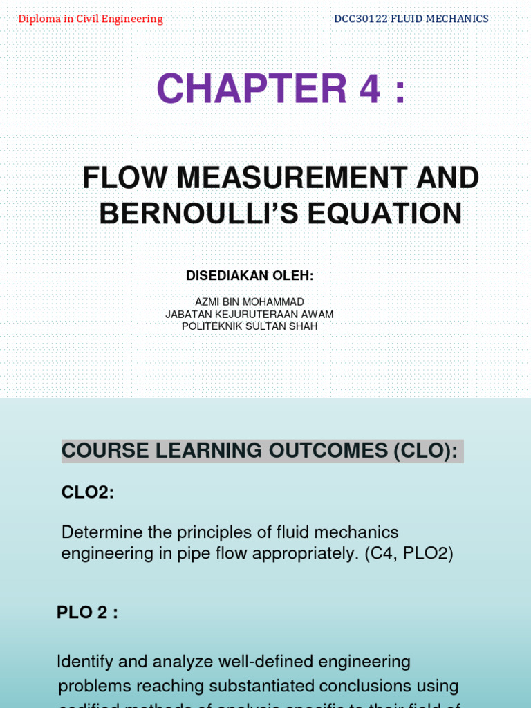 Chapter 4 Flow Measurement and Bernoulli Equation | PDF | Flow Measurement | Fluid Dynamics